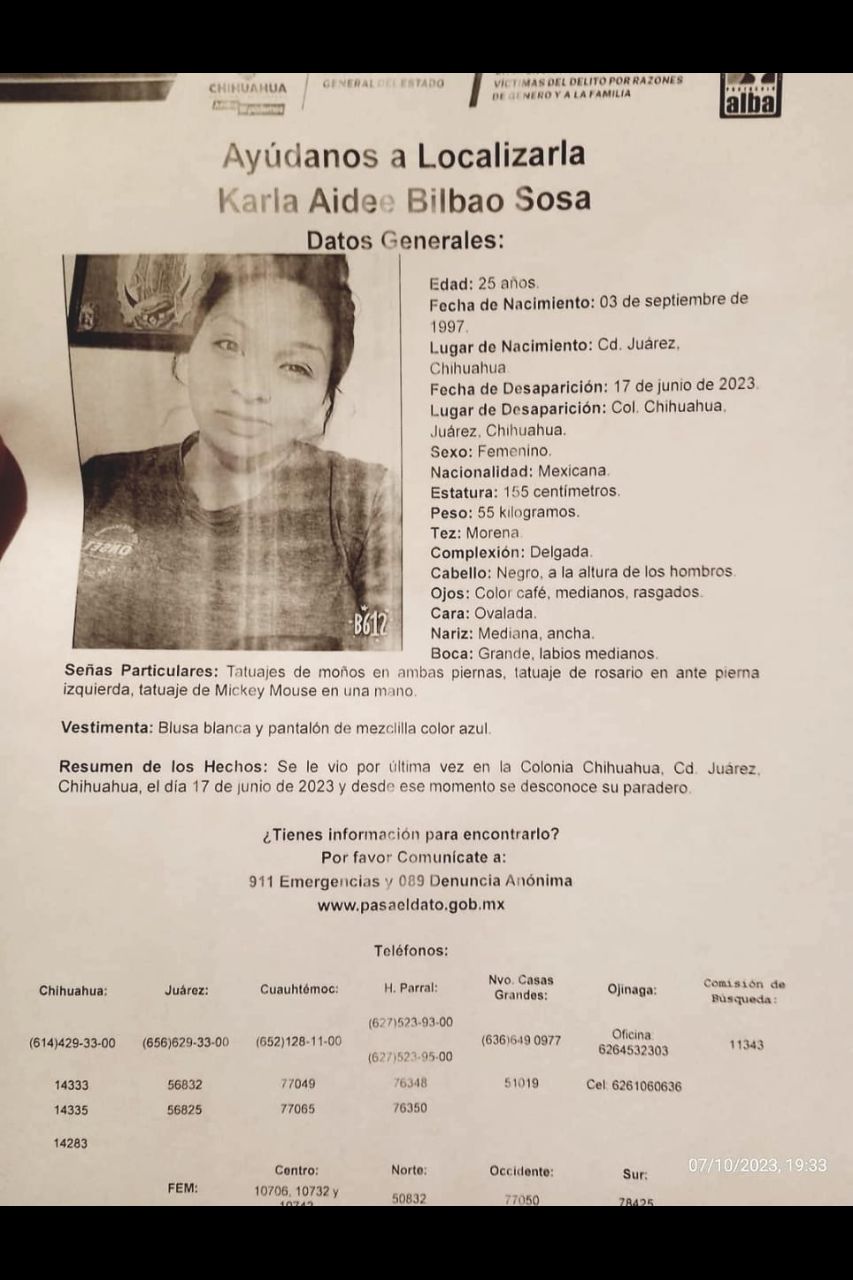 Solicitan ayuda para localizar a Karla Bilbao Solicitan ayuda para localizar a Karla Bilbao