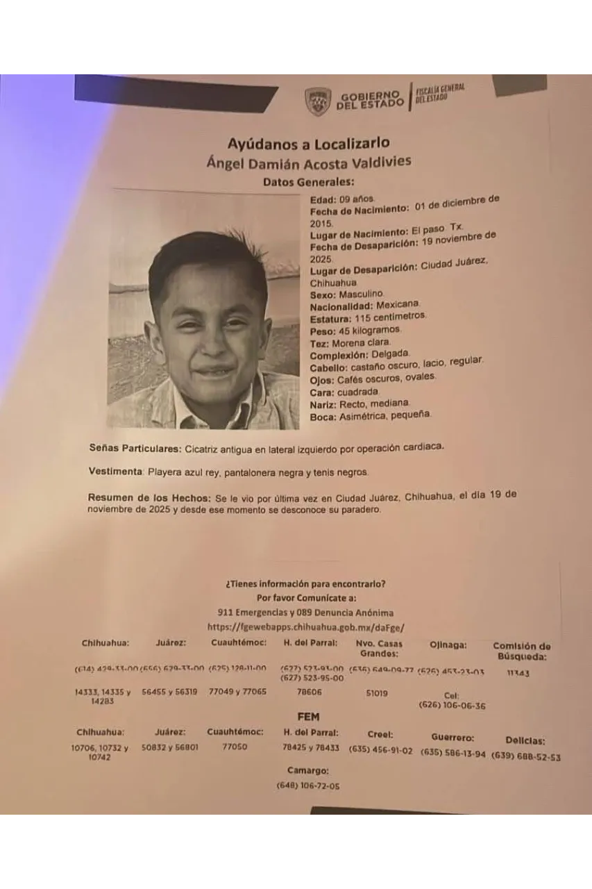 Juárez: Desaparece Ángel Damián Acosta Valdivies, de 9 años